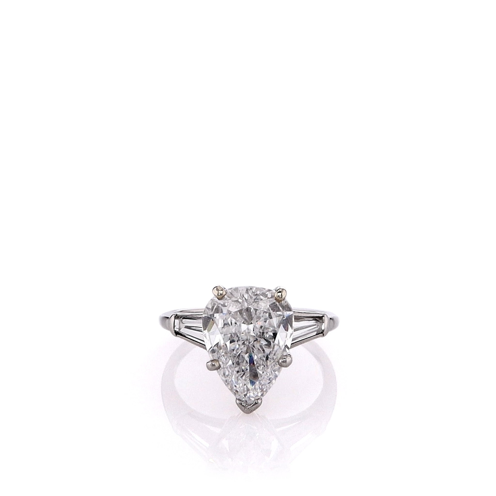 Estate Platinum Pear Shaped and Tapered Baguette Diamond Engagement Ri ...