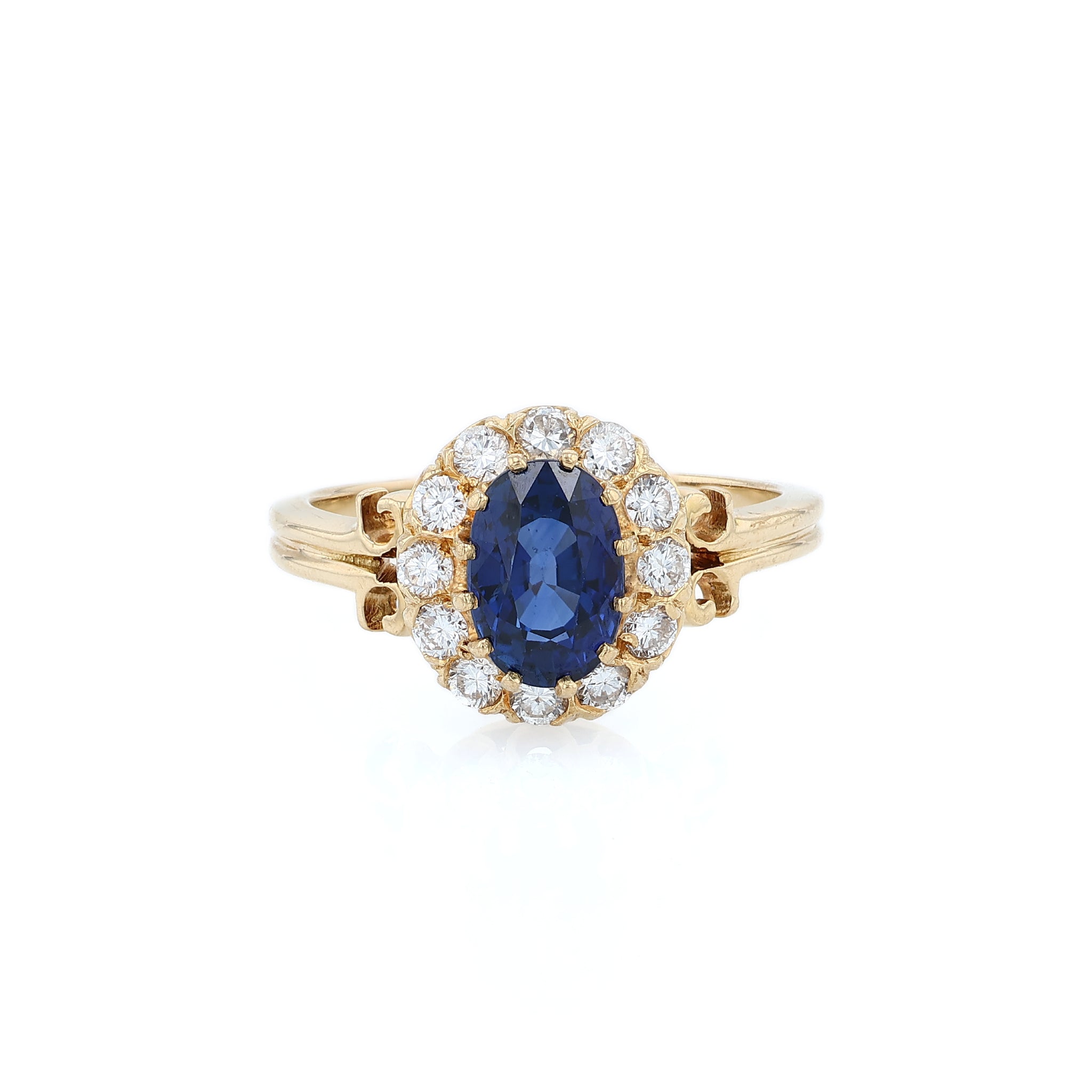 Estate 18k Yellow Gold Double Wire Shank Sapphire and Diamond Halo Rin ...